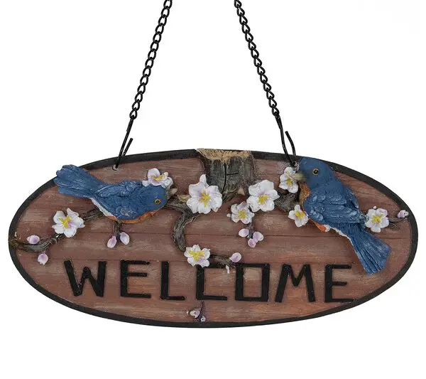 NORTHLIGHT Welcome Bluebirds And Flowers Hangin Sign 12 - One-color