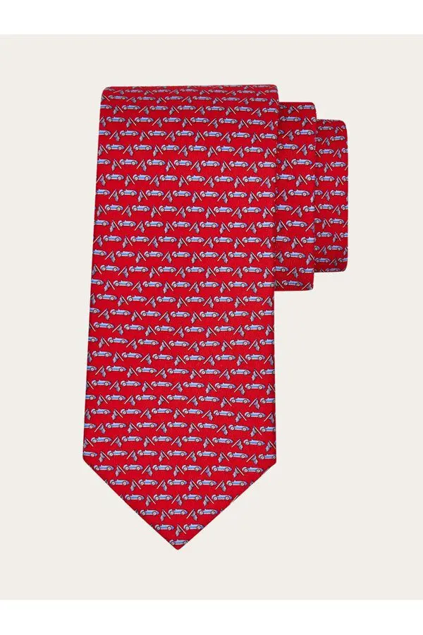 FERRAGAMO Race Print Silk Neck Tie - Red
