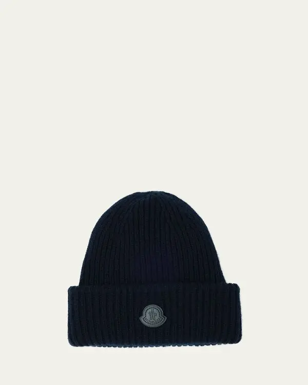 Moncler Cashmere Ribbed Beanie With Leather Logo - Black