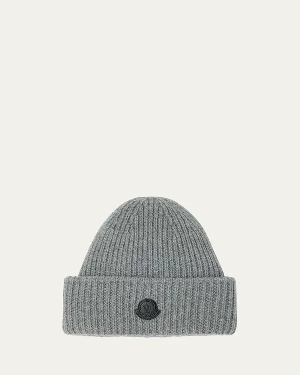 Moncler Cashmere Ribbed Beanie With Leather Logo - Gray