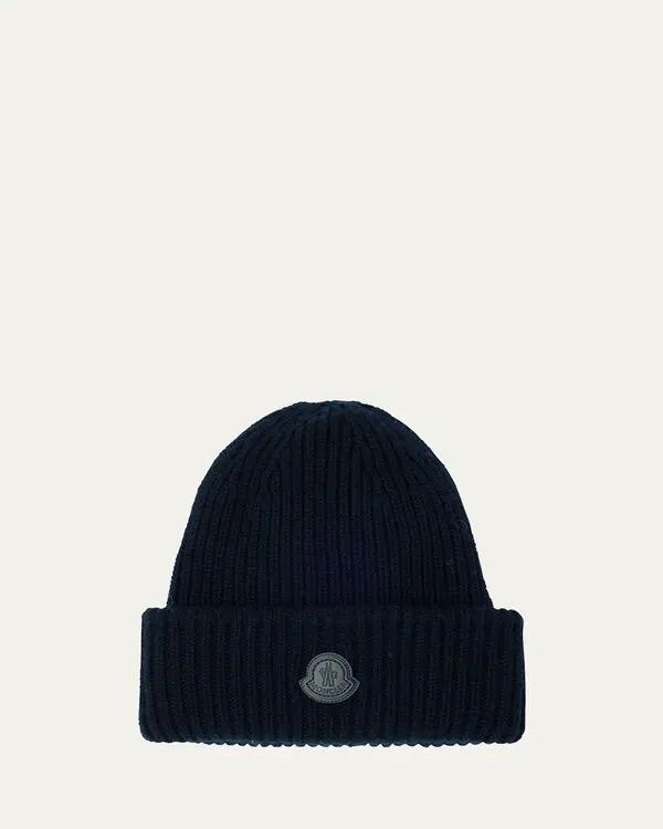 Moncler Cashmere Ribbed Beanie With Leather Logo - Navy