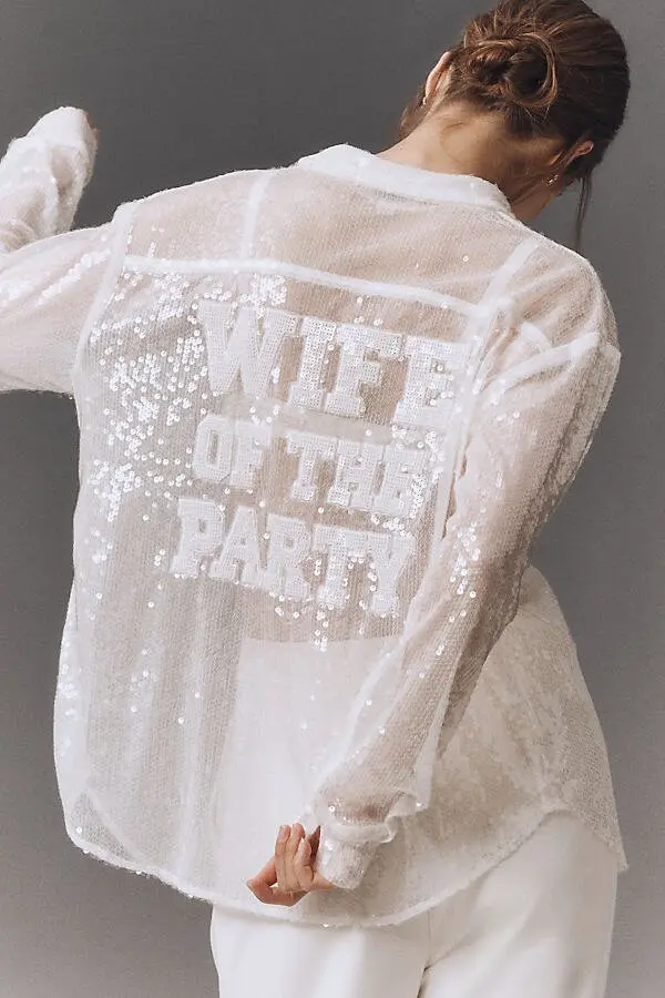 EN ELLY Wife Of The Party Sequin Buttondown Shirt - White