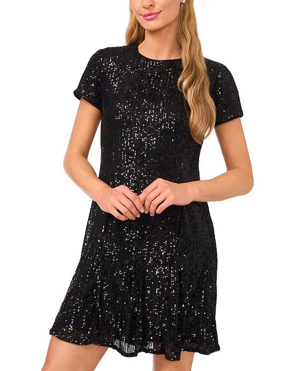 CECE DUPRAZ Short Sleeve Sequin Godet Dress