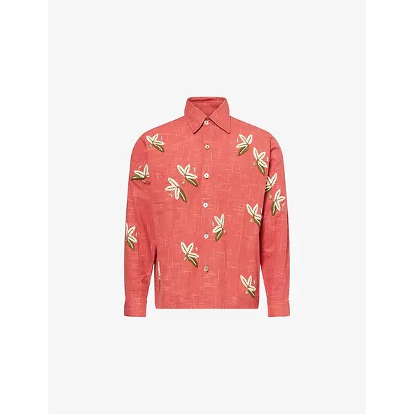 KARTIK RESEARCH Floral Box Hand-embroidered Cotton Shirt - F. Red/ecru/forest Grn
