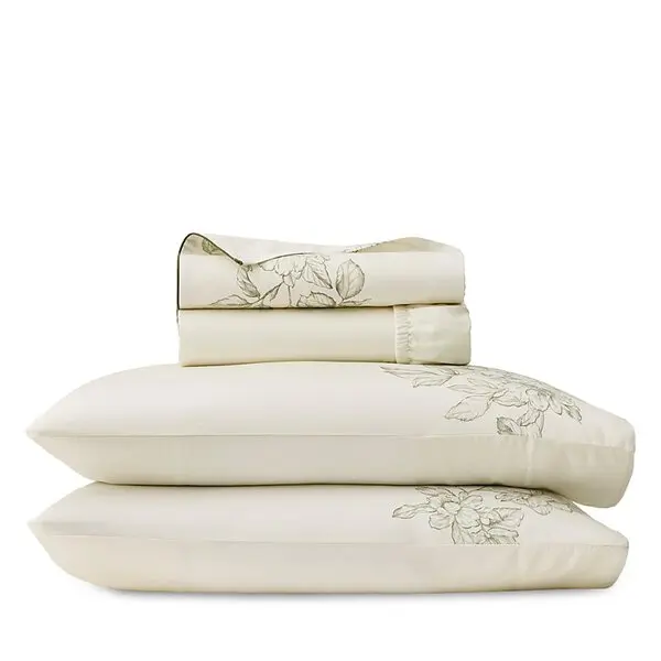 BOLL & BRANCH Signature Etched Peony Piped-edge Sheet Set, King - Cream/olivine