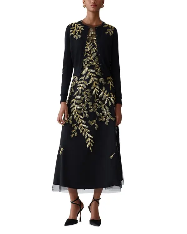 Carolina Herrera Leaf-Embroidered Tulle Midi Dress - Black/Gold |  Editorialist