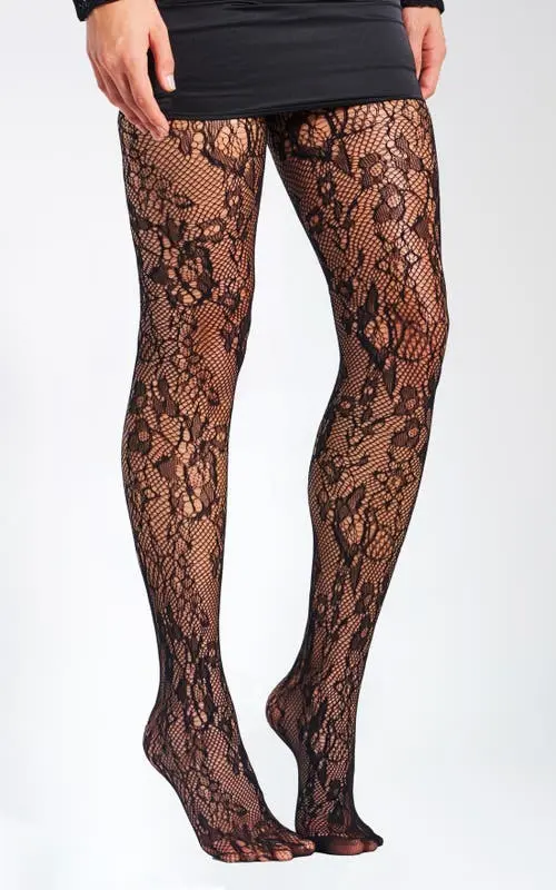 MISS CIRCLE Lace Floral Print Tights - Black