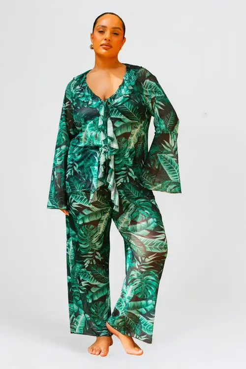 FASHION-SZN CURVE Palm Print Wide Leg Pants - Green