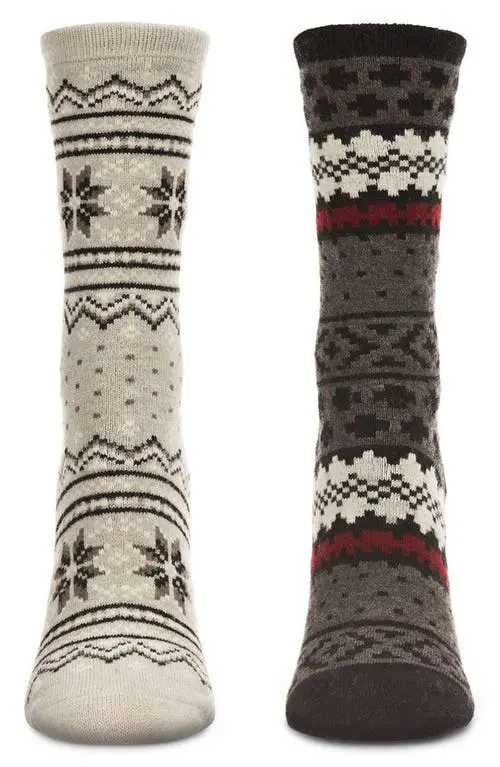 MEMOI Fair Isle Crew Socks 2-pack - Black Grey/ivory Light Grey