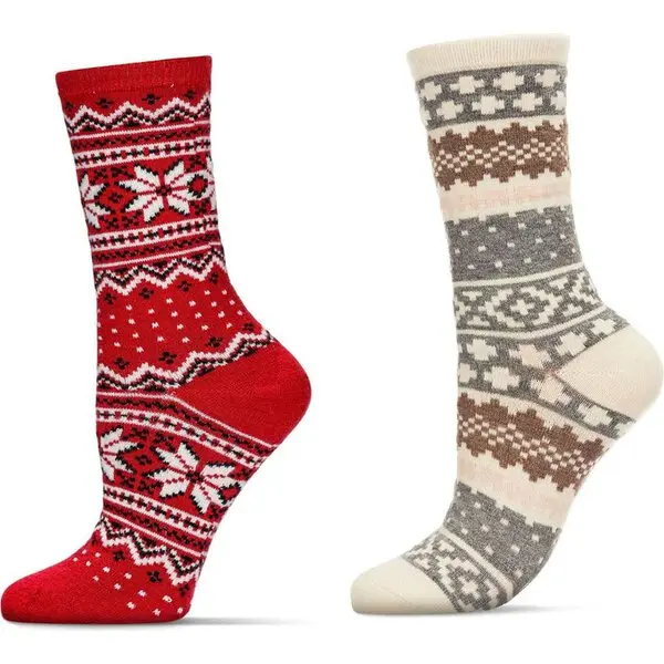 MEMOI Fair Isle Crew Socks 2-pack - Ivory/red