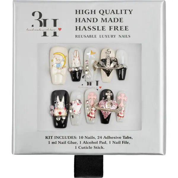 3H NAILS Whimsical Charm Luxury Handmade Press On Nails - Black/ White