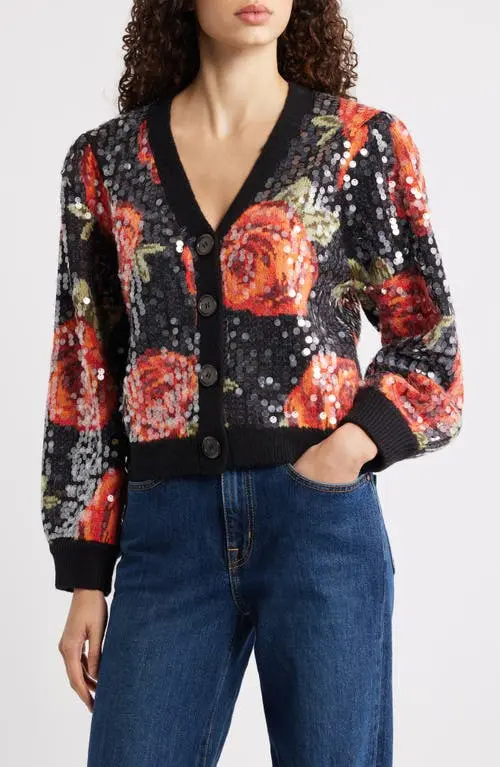 Farm Rio Latin Roses Sequin Knit Cardigan