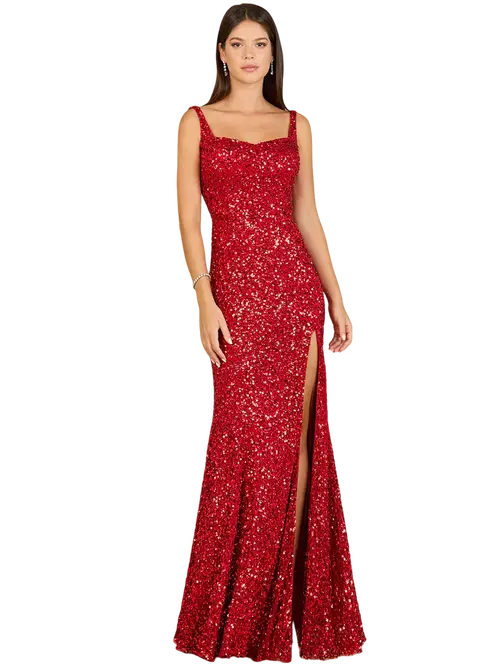 LARA NEW YORK Beaded Sweetheart Gown With Slit - Red