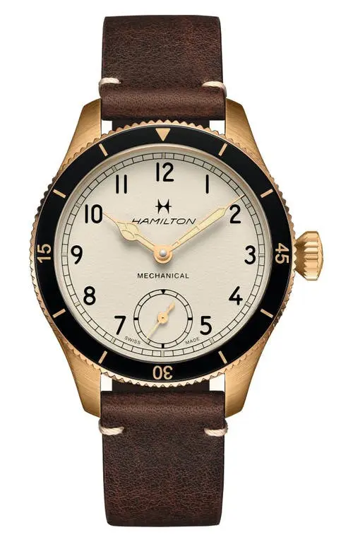 Hamilton Khaki Aviation Pilot Pioneer Bronze Leather Strap Watch - White