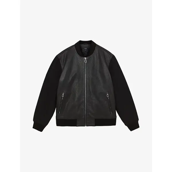 REISS Leather Bomber Jacket With Wool Sleeves