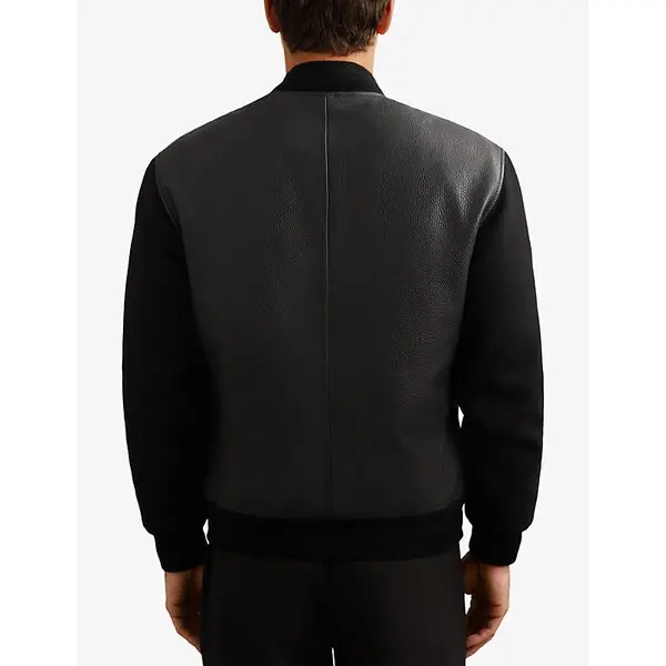 REISS Leather Bomber Jacket With Wool Sleeves
