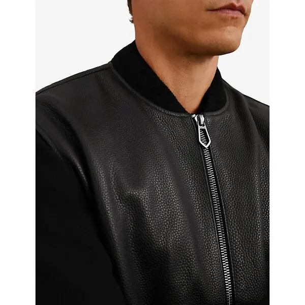REISS Leather Bomber Jacket With Wool Sleeves