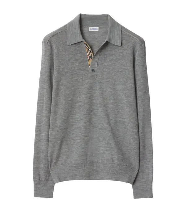 Burberry Wool Check-detail Long-sleeve Polo Shirt - Grey