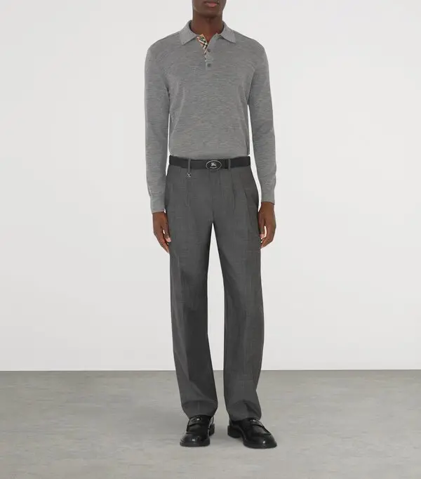 Burberry Wool Check-detail Long-sleeve Polo Shirt - Grey