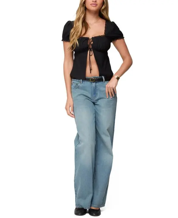 EDIKTED Lacey Split Front Lace Up Top
