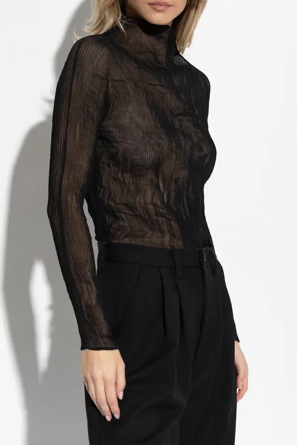 Issey Miyake Pleated Turtleneck Top - Black