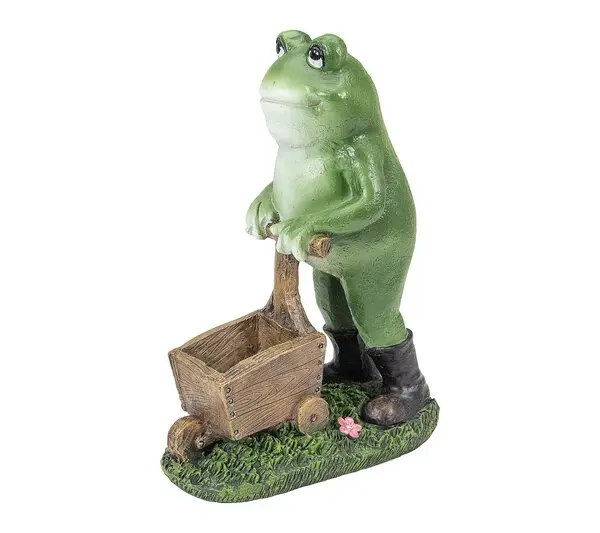 NORTHLIGHT 11.5' Green Frog Pushing Wheelbarrow Garden Statue - One-color