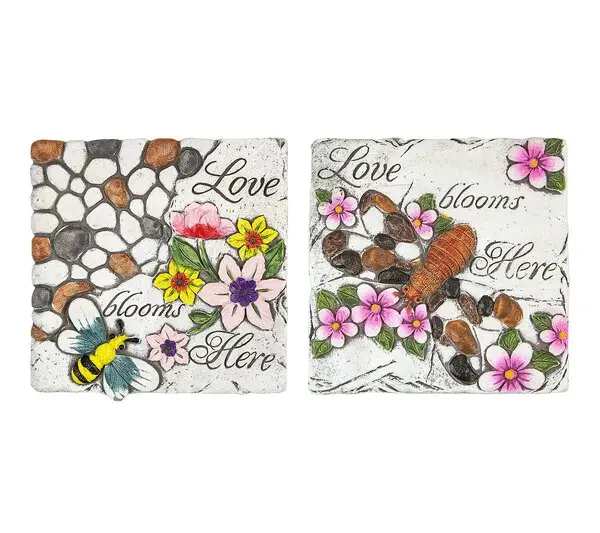 NORTHLIGHT Set Of 2 'love Blooms Here' Floral G Rden Stones - One-color