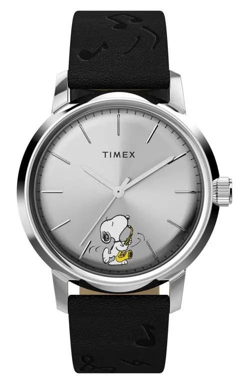TIMEX® X Peanuts Marlin® Saxophonist Automatic Leather Strap Watch - Silver