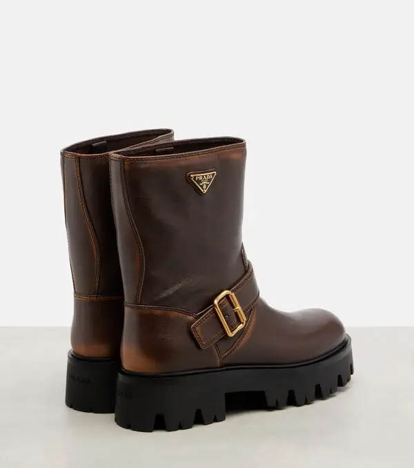 Prada Logo Leather Biker Boots - Brown