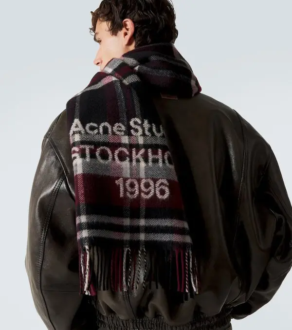 Acne Studios Logo Checked Fringed Wool Scarf