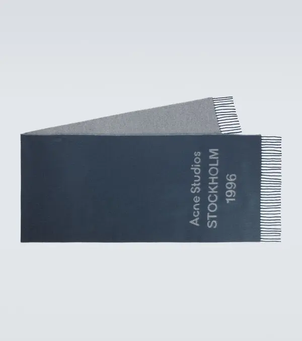 Acne Studios Fringed Logo Wool Scarf - Blue