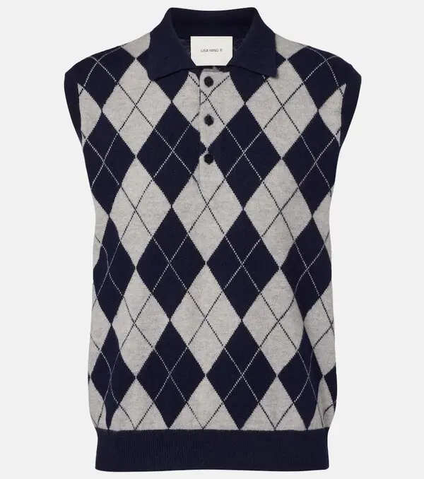 LISA YANG Riana Argyle Cashmere Sweater Vest - Grey