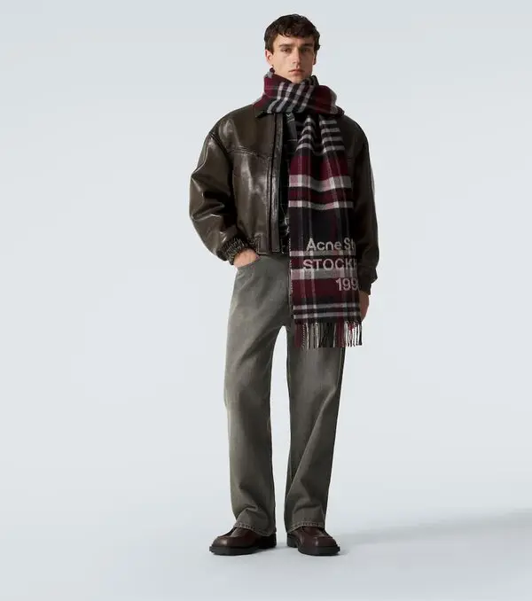 Acne Studios Logo Checked Fringed Wool Scarf