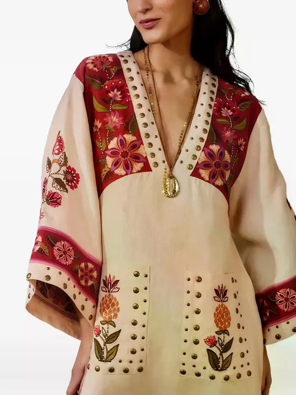 Farm Rio Floral-embroidered Studded Maxi Dress