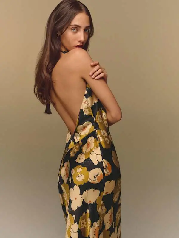 slim fit dress slacks GOLDEN BABY MAXI SATIN DRESS WITH GOLD CHAIN TRIM BLACK – AKIRA main image 0