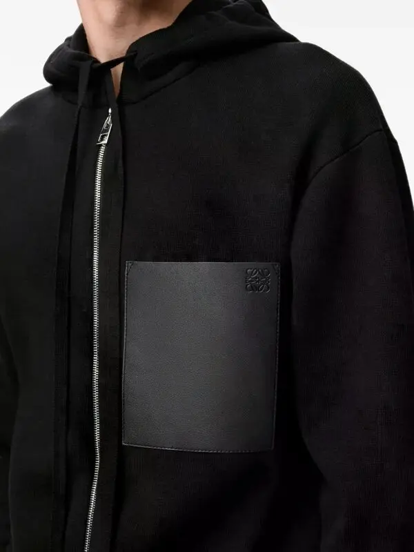 Loewe Zip-up Wool Hoodie With Leather Pocket - Black