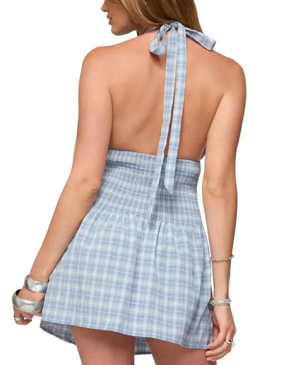EDIKTED Plaid Smocked Halter Mini Dress