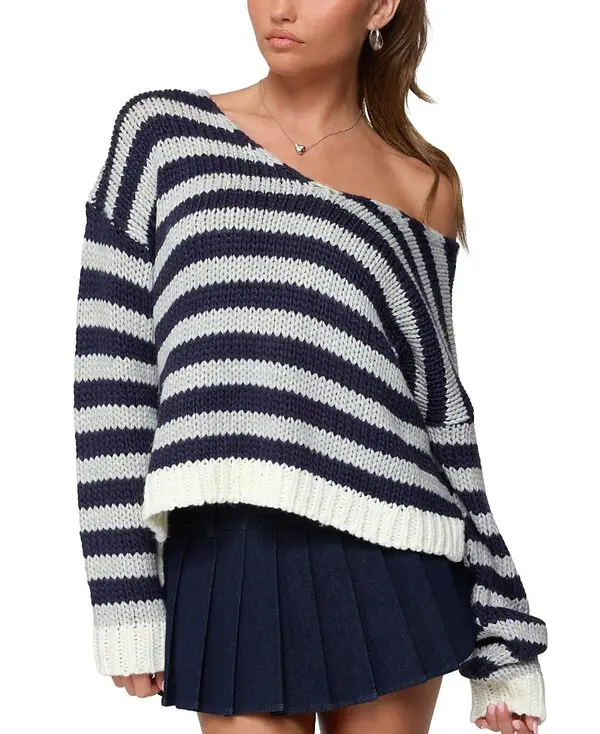 EDIKTED Oversized Striped Knit Sweater - Navy