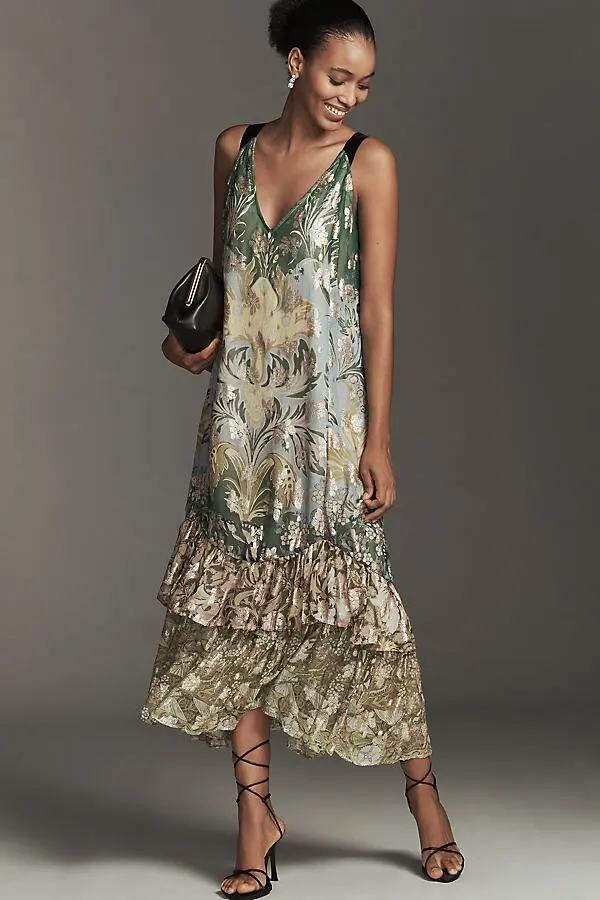 Anthropologie Tie-Back Ruffle-Hem Midi Dress - Green Floral | Editorialist