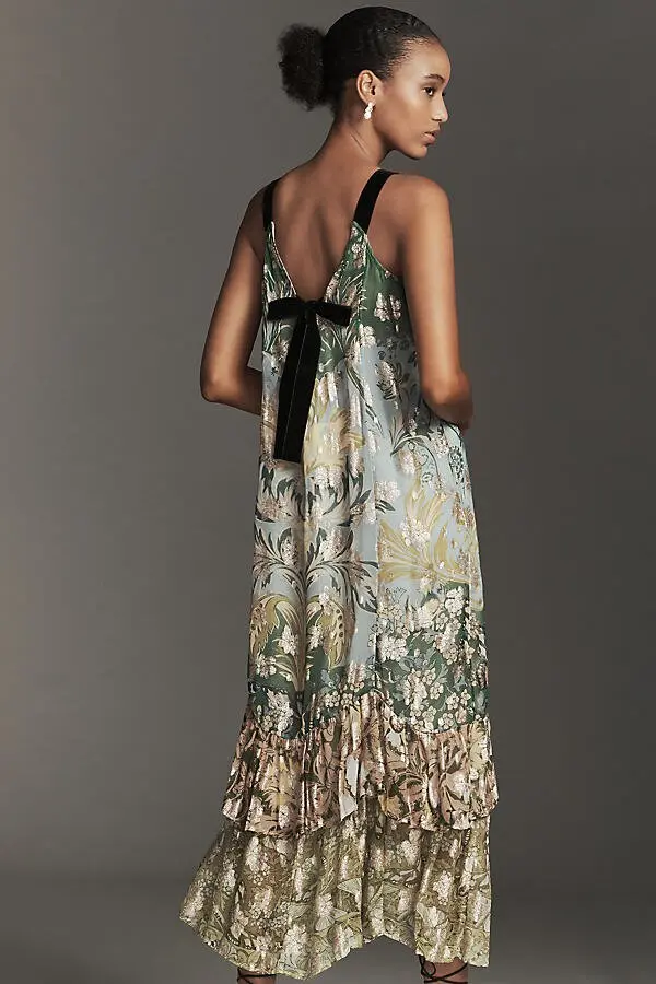 Anthropologie Tie-Back Ruffle-Hem Midi Dress - Green Floral | Editorialist