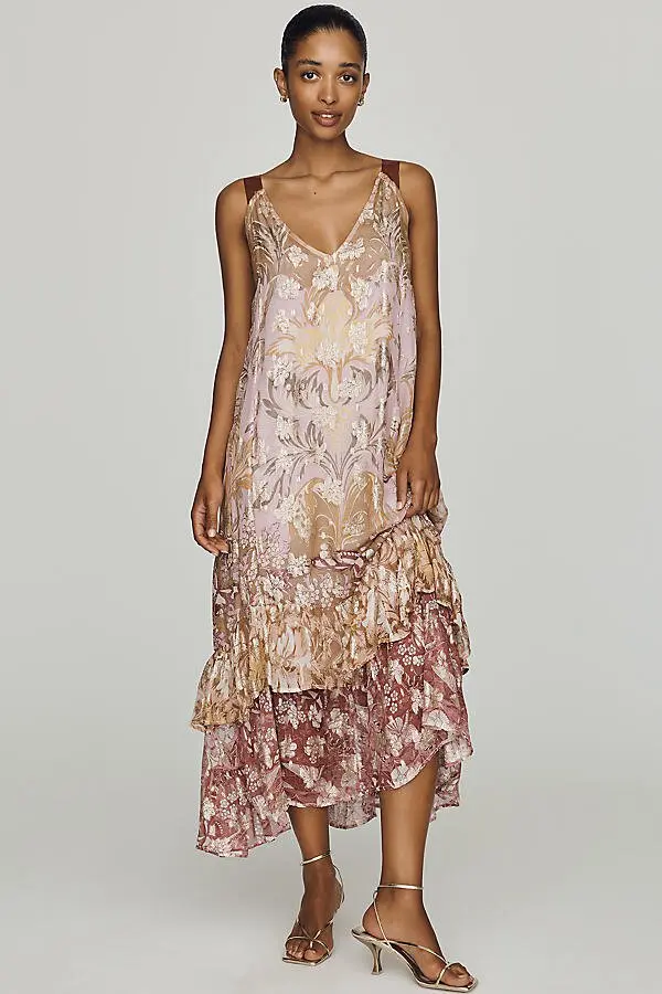 Anthropologie Tie-back Ruffle-hem Midi Dress - Pink Pattern