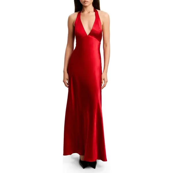 red silk halter dress Jude Red Silky Halter Dress