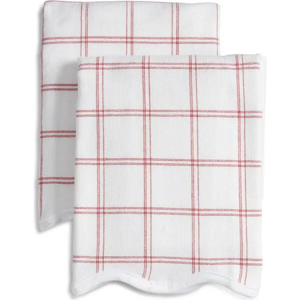 WEEZIE Set Of 2 Scalloped Kitchen Towels - Red Windowpane