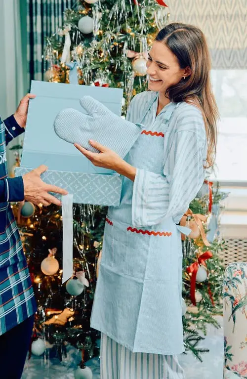 WEEZIE Rickrack Trim Stripe Apron - Blue Stripe