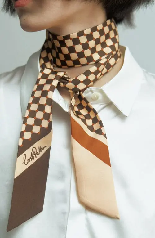 LOST PATTERN Checkerboard Skinny Silk Scarf - Coffee