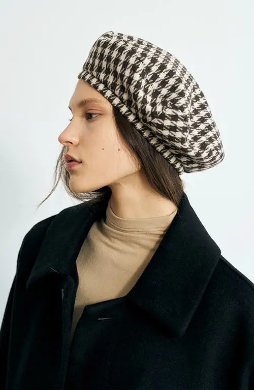 LOST PATTERN Houndstooth Beret - Mocha