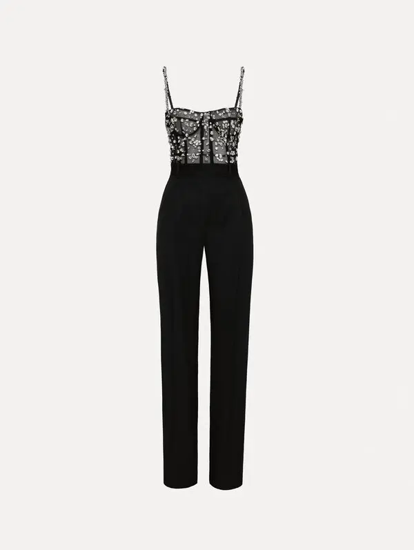 Oscar De La Renta Crystal Cluster Embroidered Jumpsuit - Black
