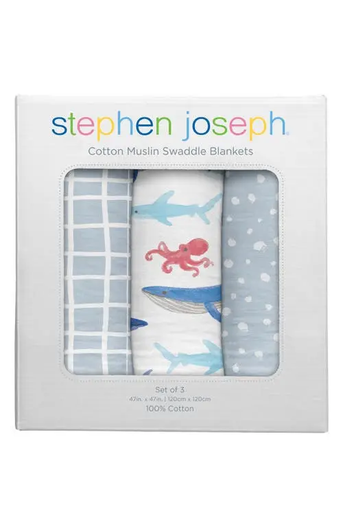 STEPHEN JOSEPH Set Of 3 Muslin Blankets - Shark