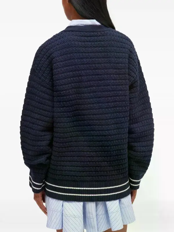 GANNI Textured Knit V-neck Cardigan With Striped Trim - Blue
