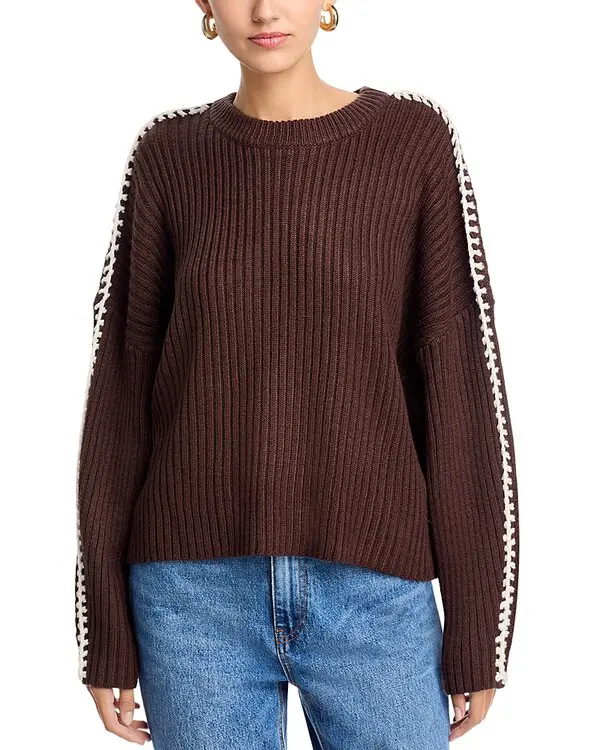 Elan Ribbed Blanket Stitch Sweater - Brown